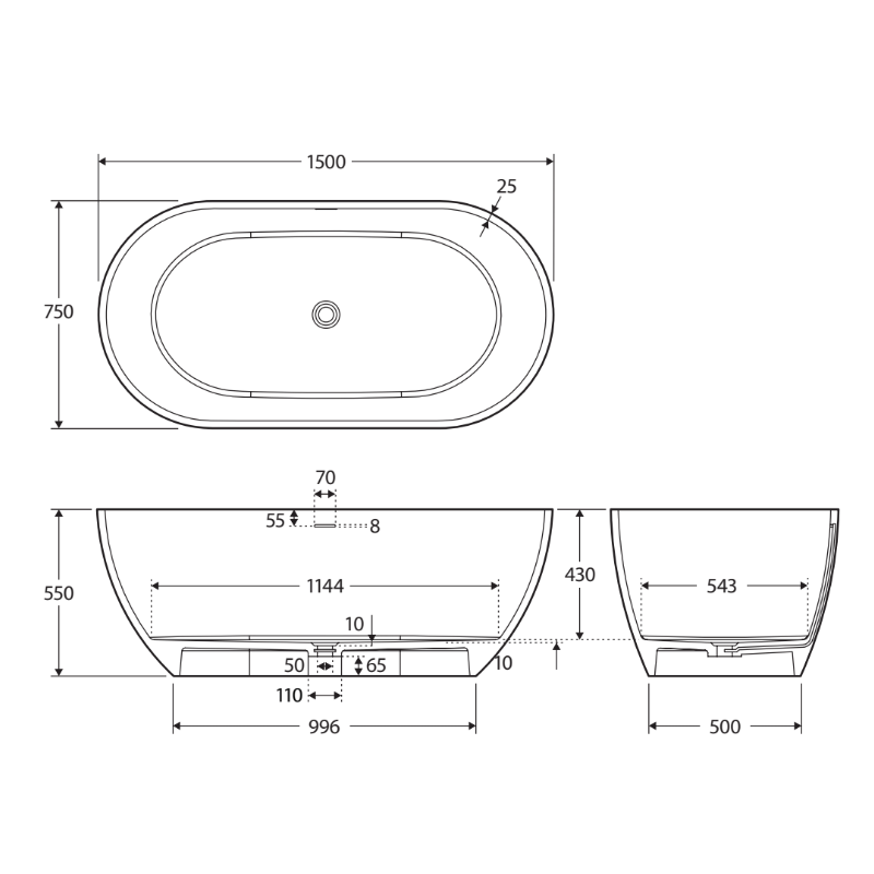 Fienza Luciana 1500 Freestanding Solid Surface Bathtub, Matte Black